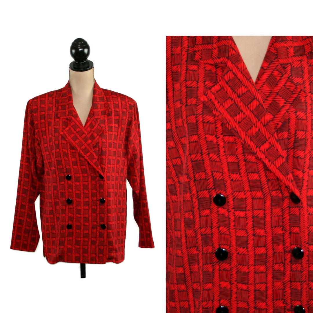 M-L 80s Red Check Oversized Shoulder Pad Blazer, Double Breasted Office ...