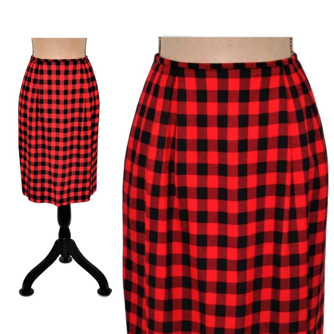 M - 90s Red Black Buffalo Plaid Skirt Medium, 28" Waist Check Midi ...