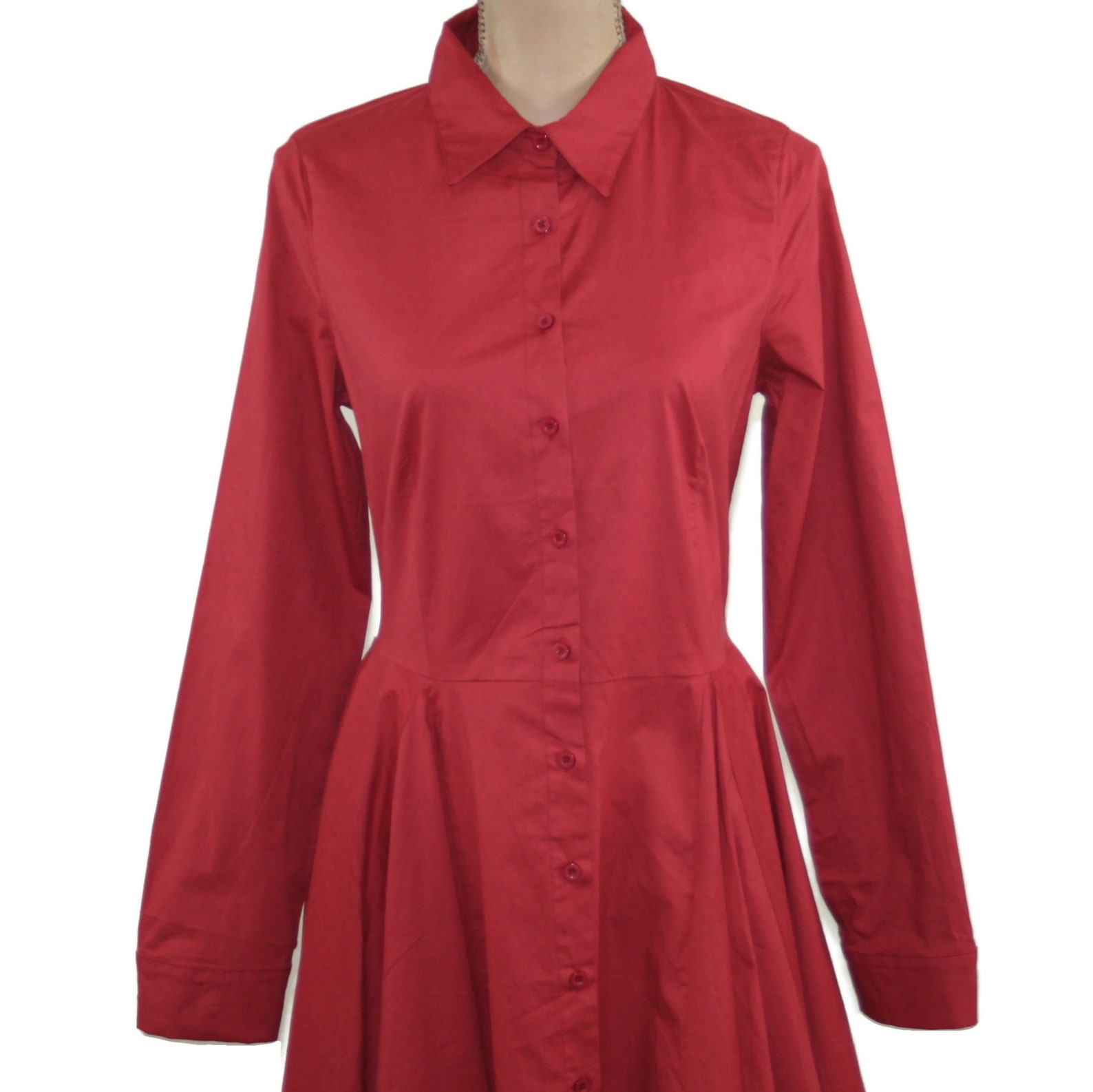 Dark Red Casual Long Sleeve Dress Button up Cotton Midi Fit | Etsy