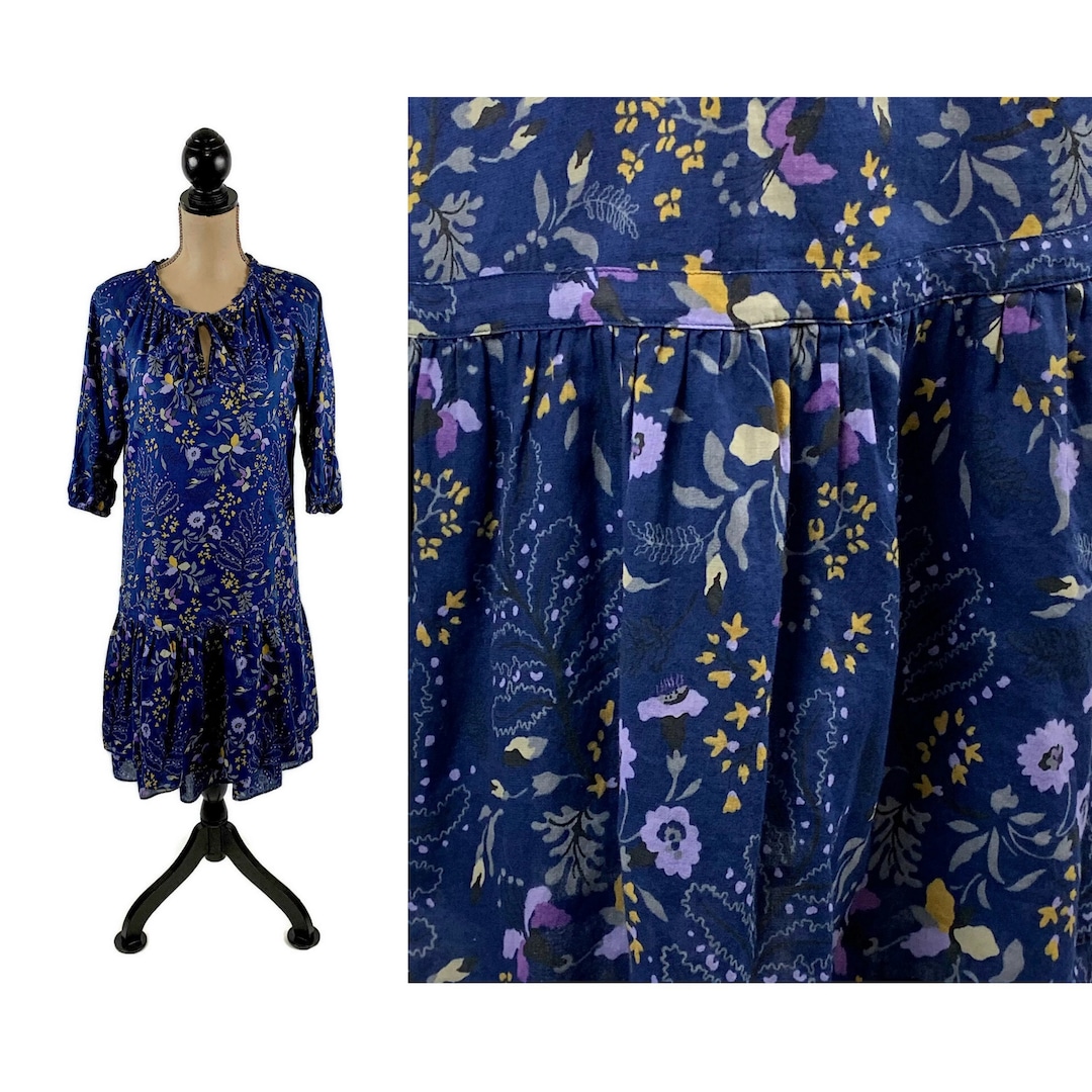 Y2K Dark Blue Floral Pint Cotton Dress Medium, 3/4 Sleeve Loose Casual ...