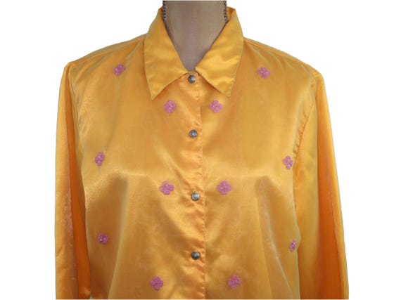 L - Marigold Yellow Satin Blouse with Sheer Floral Em… - Gem