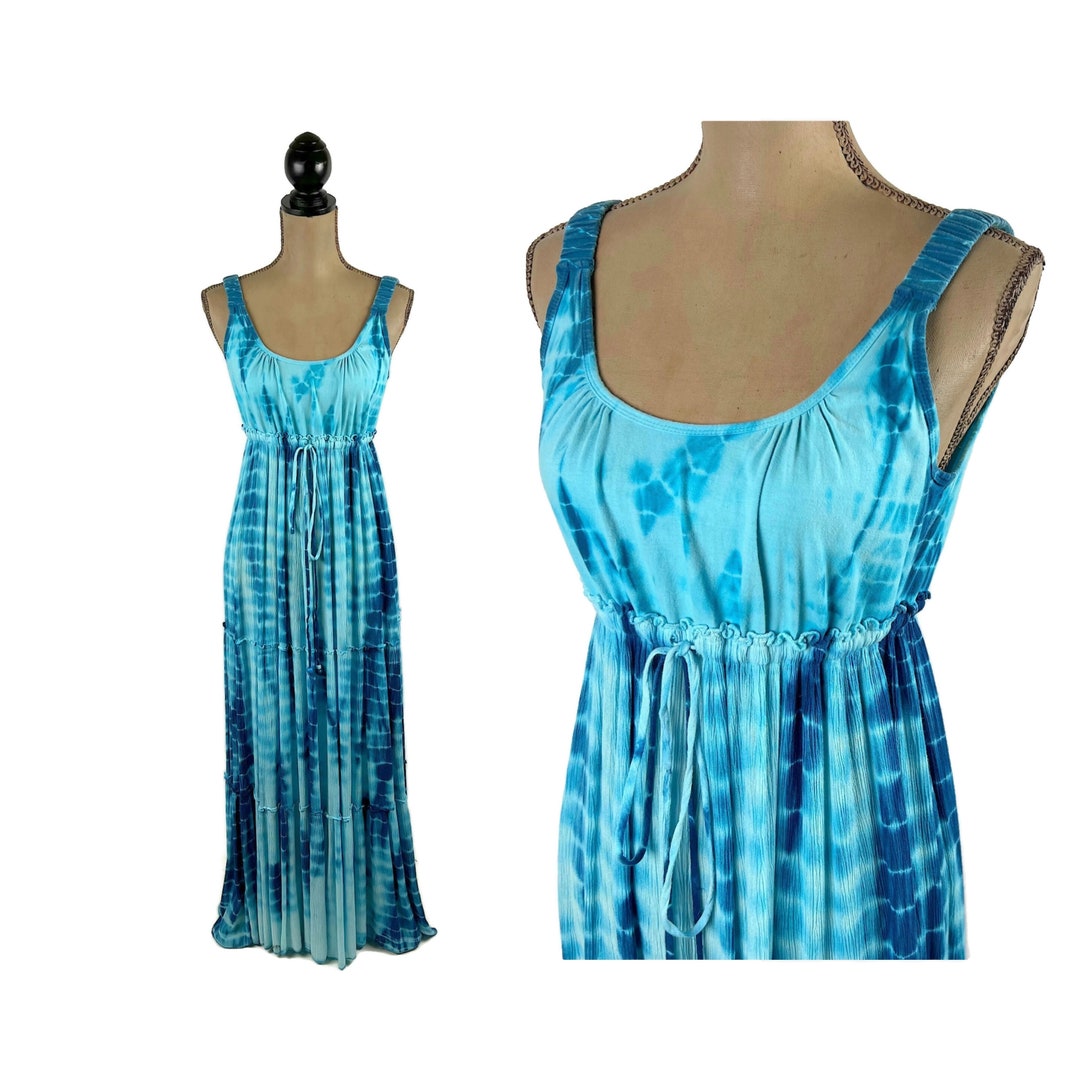 S Y2K Blue Tie Dye Crinkle Gauze Maxi Dress Small, Empire Waist Long Sundress Beach Sleeveless ...