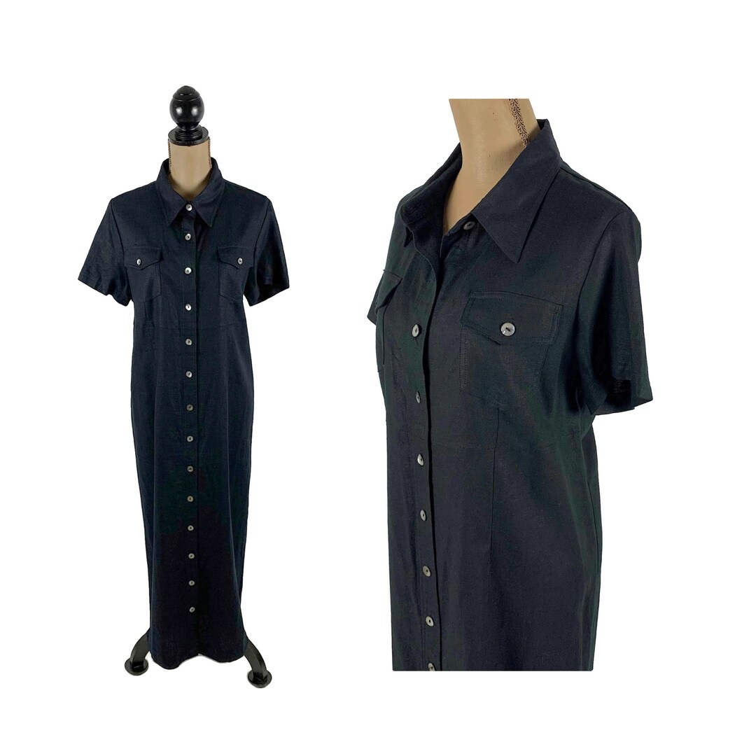 Plus Size 90s Linen Maxi Dress XL, Casual Long Black Button Down Short ...