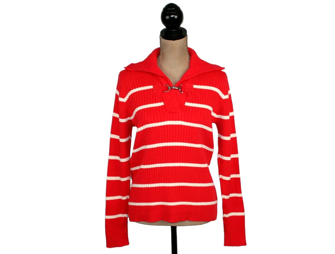M-L Y2K Red & White Striped Sweater, Ribbed Cotton Knit Pullover With ...