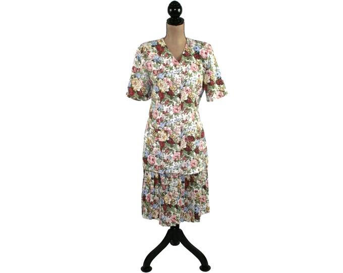 M - 80s Floral Midi Pleated 2 Piece Skirt Set, Two Piece Dress, Church ...