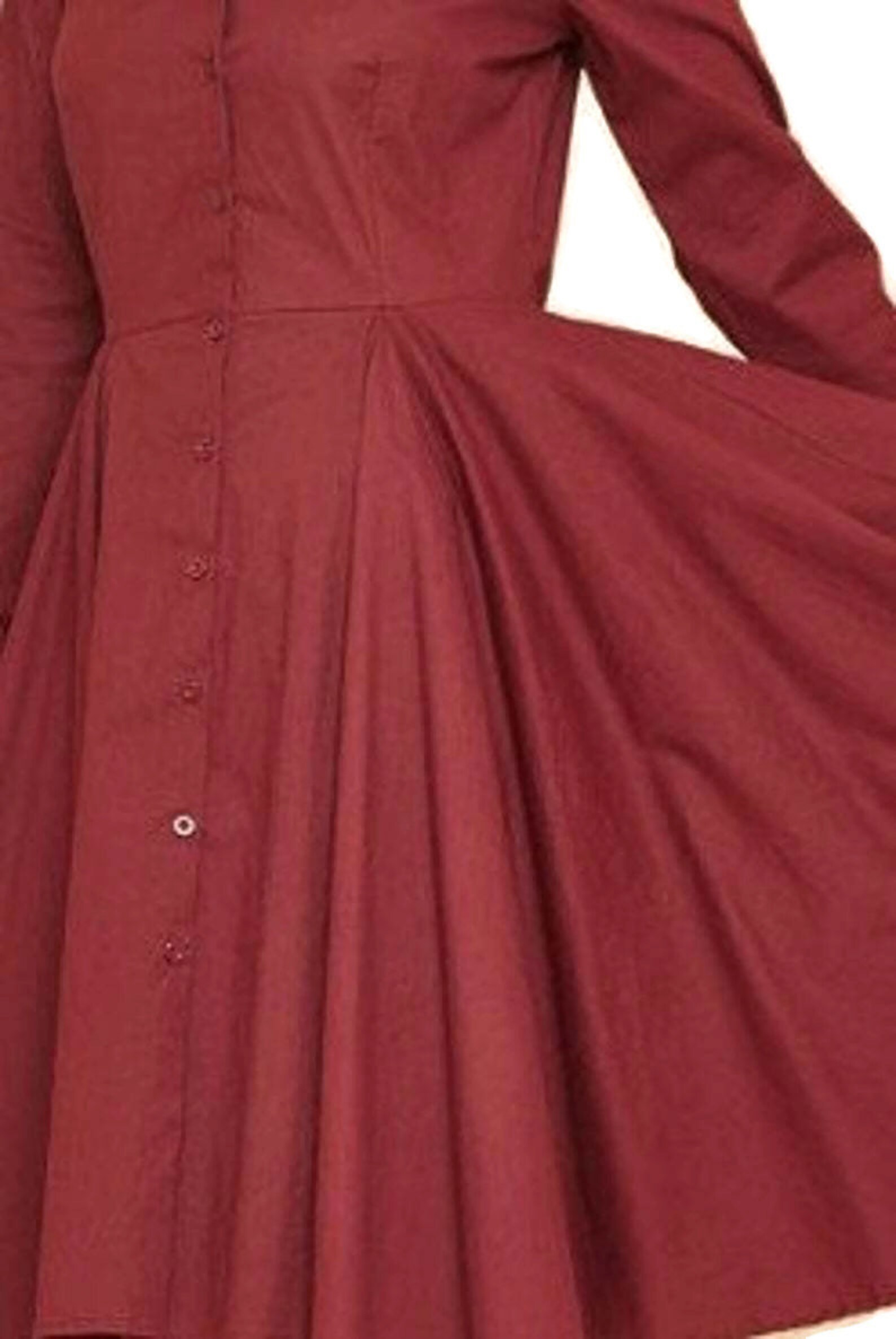 Dark Red Casual Long Sleeve Dress Button up Cotton Midi Fit | Etsy