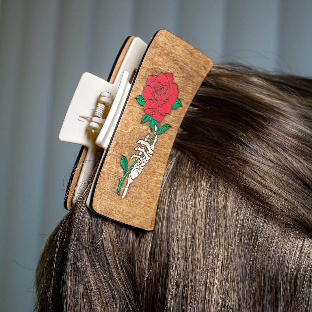 Skeleton Hand Hair Clip / 4 Inch Claw Clip / Skeleton Hand Red Rose ...