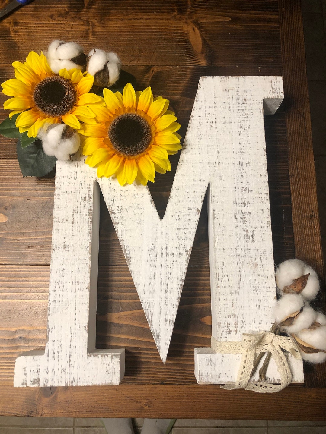 Rustic Wooden Letter M, Sunflower & Cotton - Etsy