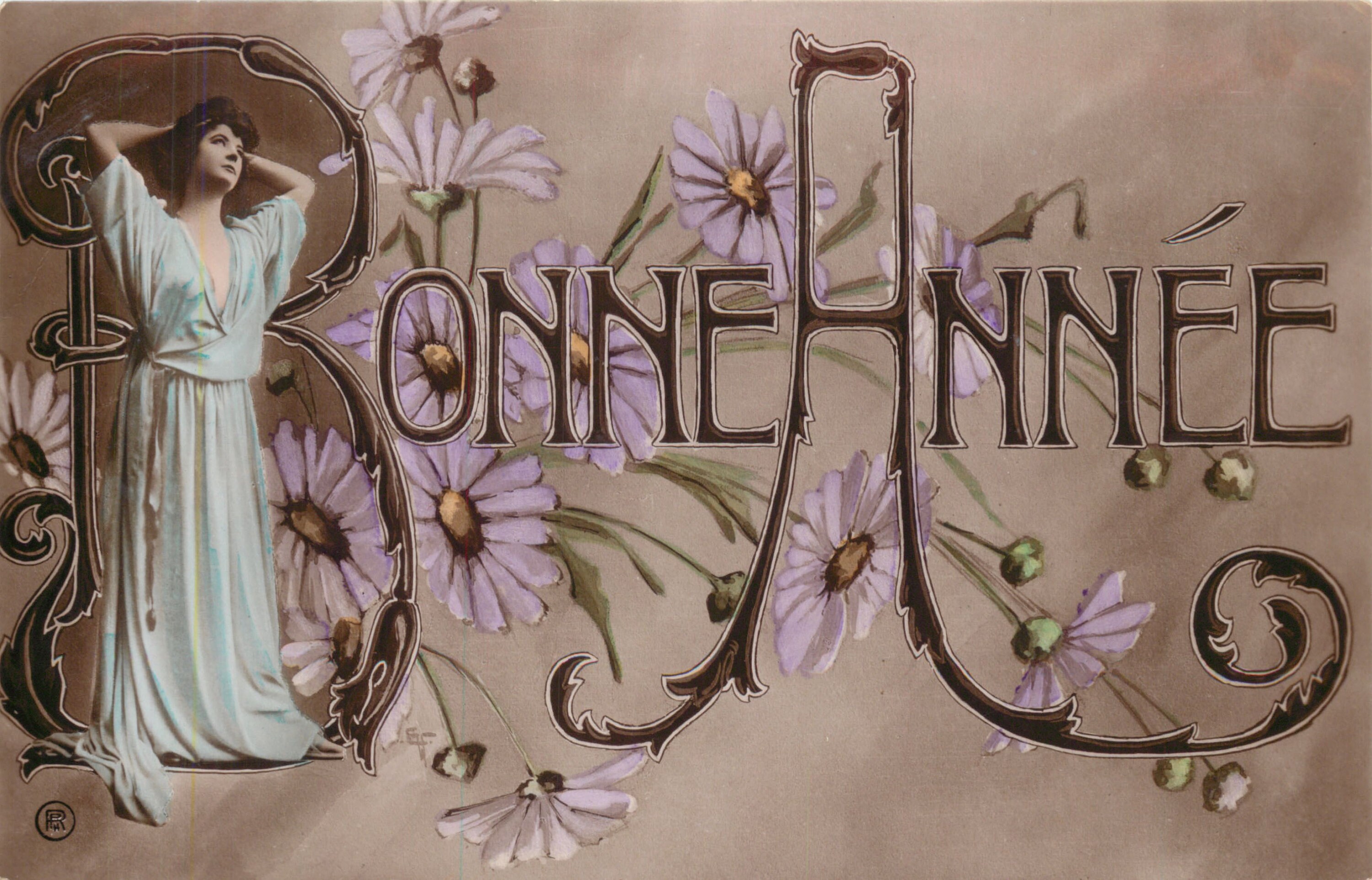 Bonne Annee Happy New Year Art Nouveau Lovely Lady French | Etsy