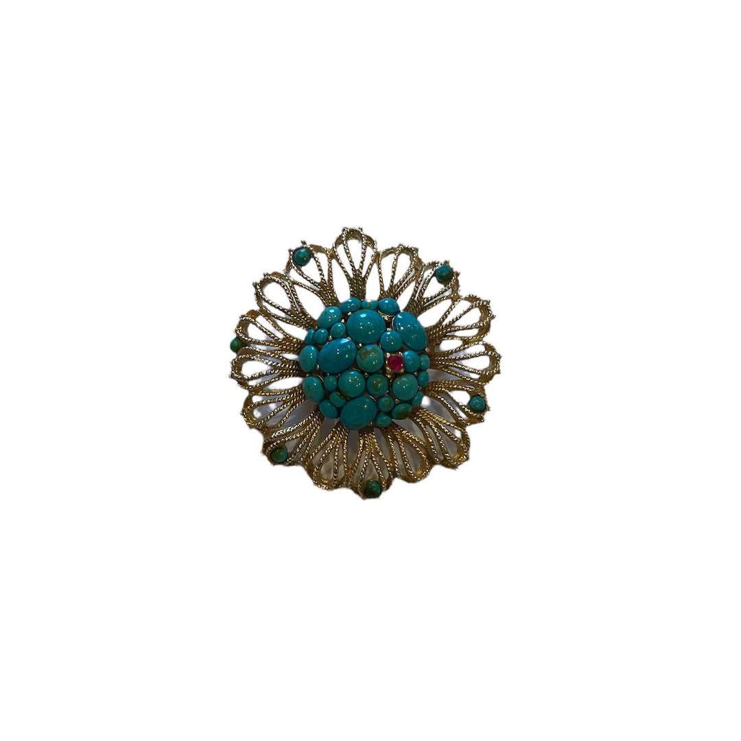 Signed Capri Brooch, Gold Tone Flower Brooch With Faux Turquoise ...