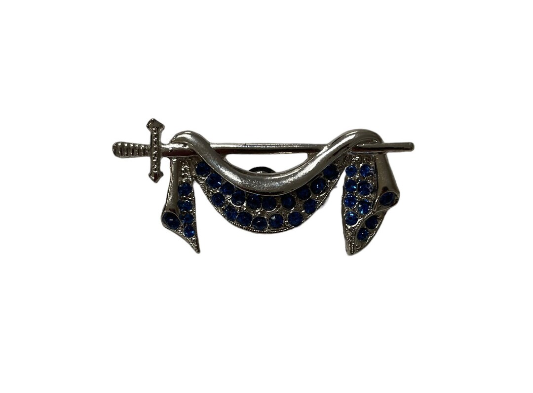 Signed ORA Brooch, Silver Tone Sword Brooch With Drape and Blue ...