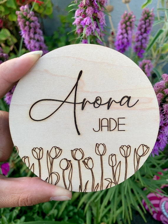 Tulip Floral Wooden Baby Name Announcement Sign | Custom Flower ...