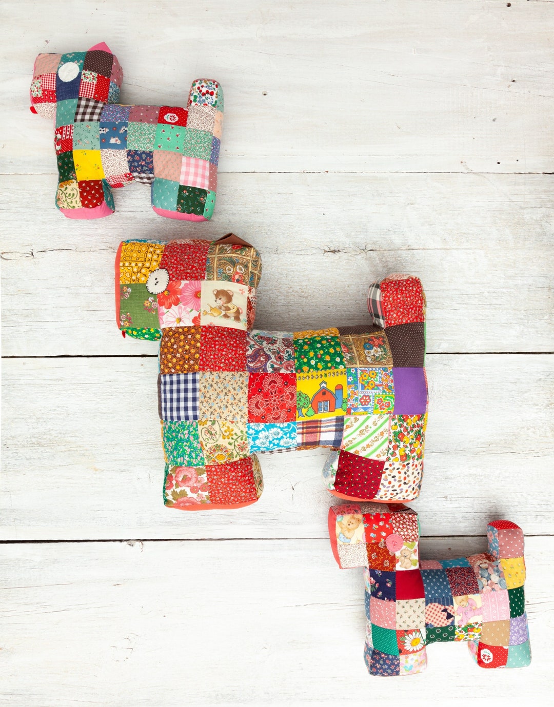 3 Vintage Patchwork Stuffed Dogs Quilted Stuffed Animal Set Kids Room ...