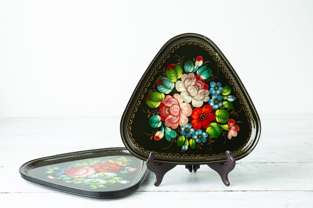 6 Vintage Hand Painted Tole Trays Zhostovo Floral Platters Painted ...