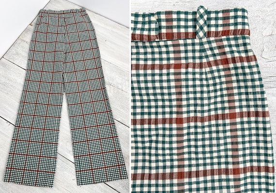 Vintage 70's Green Plaid Seersucker Flares - Patterne… - Gem