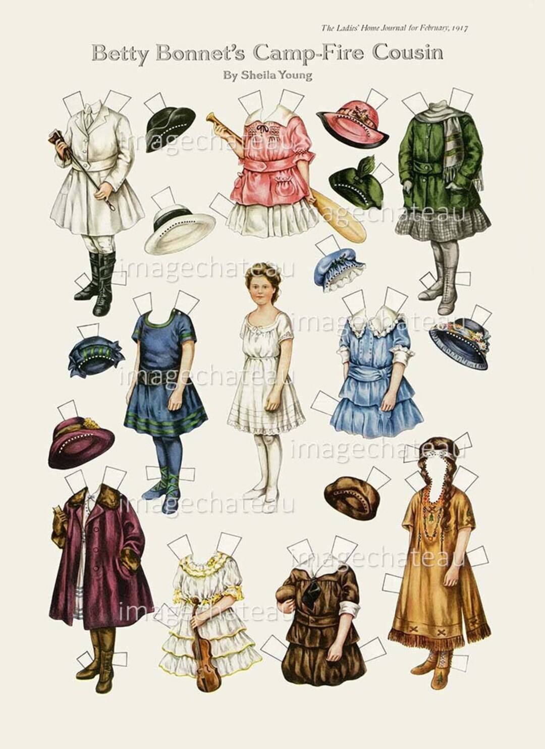 BETTY BONNET Paper Doll DIGITAL Camp Fire Cousin Bathing Horse Riding ...