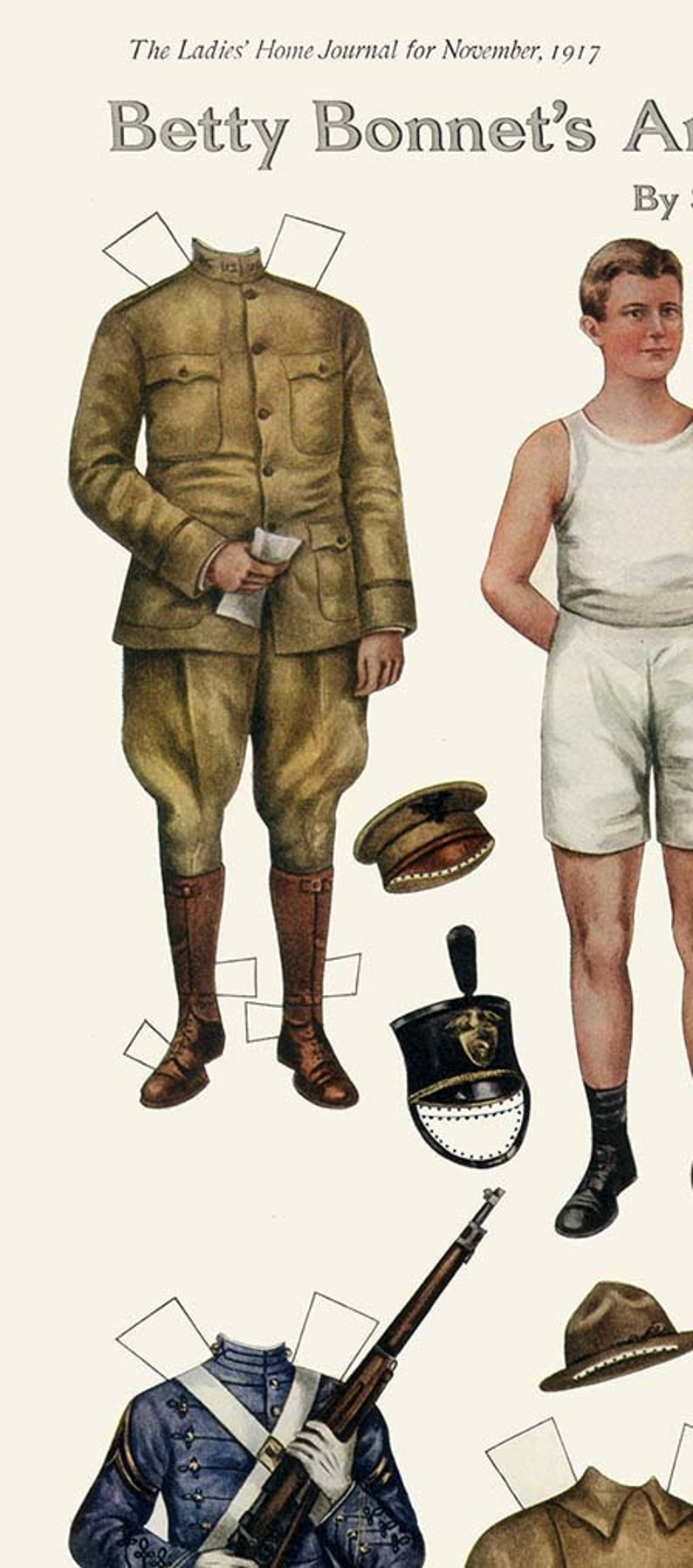 Army Navy WWI BETTY BONNET Paper Dolls Digital Download Soldiers Uniforms French Bulldog Helmets ...