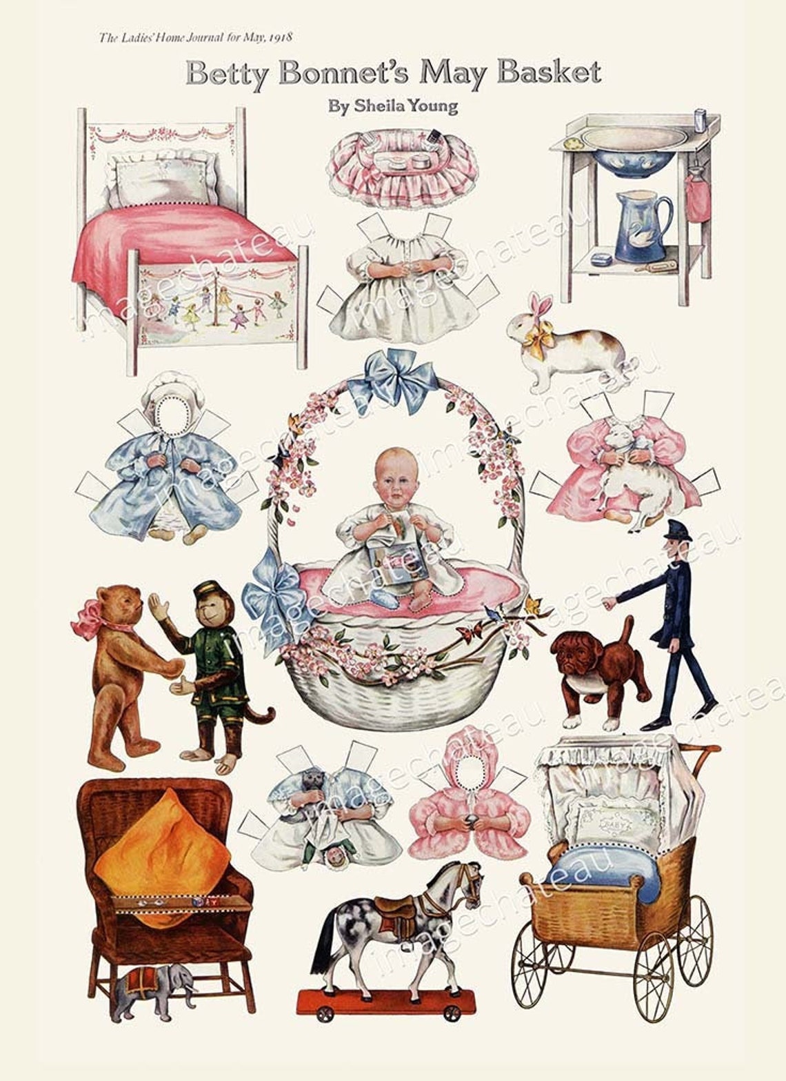 BETTY BONNET Baby DIGITAL Download Paper Dolls Bassinet Bed Teddy Bear ...