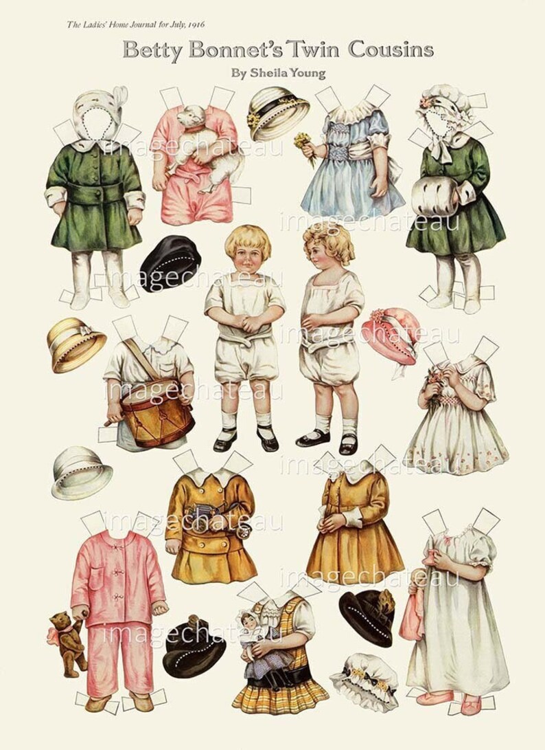 BETTY BONNET Paper Dolls DIGITAL Download Twin Cousins Dolls Toys Teddy ...
