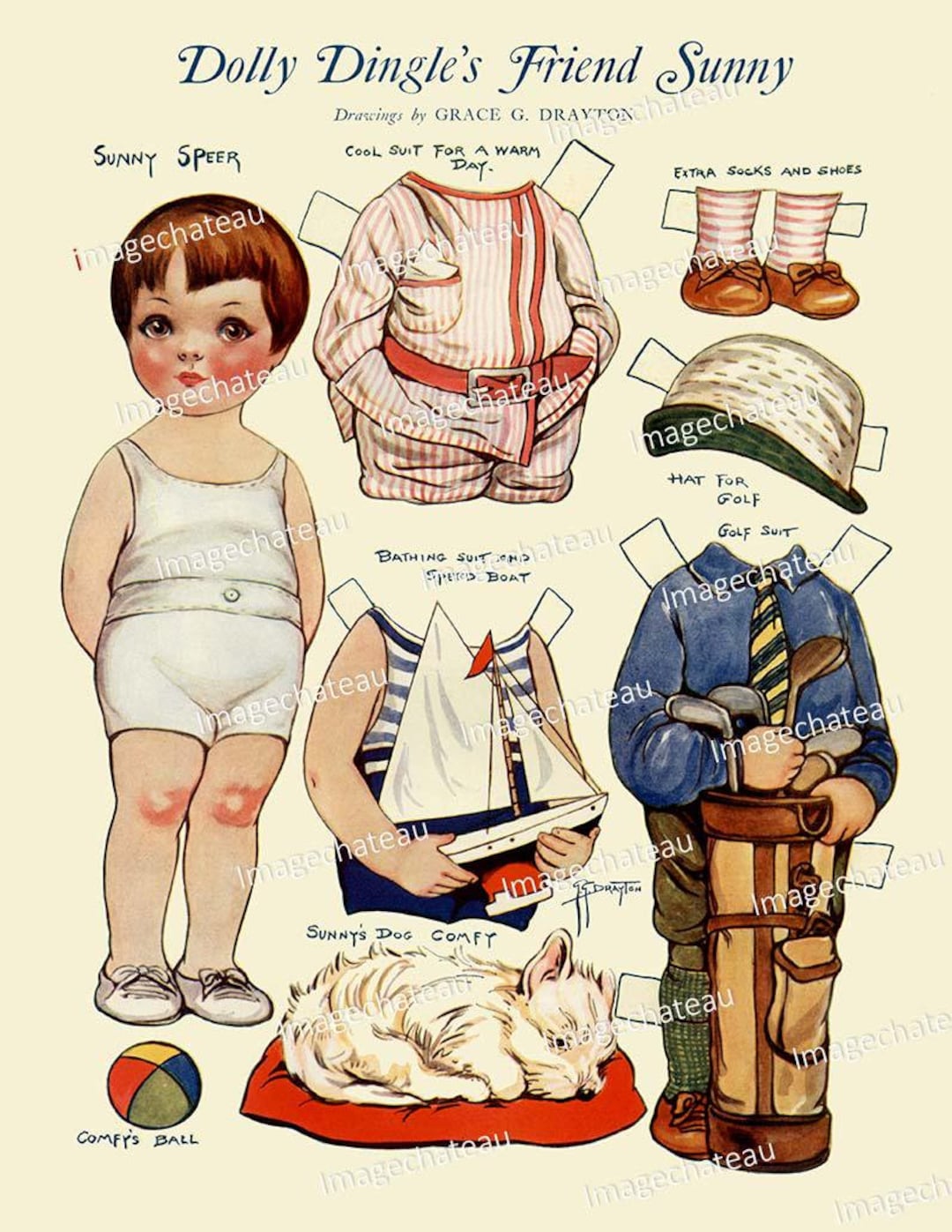 DOLLY DINGLE Friend Sunny Paper Doll Digital DOWNLOAD Grace Drayton Dog Puppy Comfy Golf Clothes ...