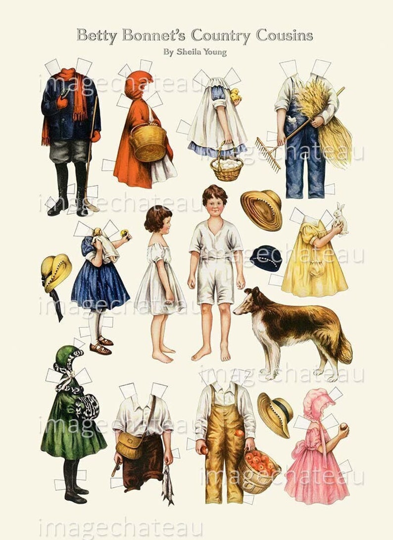 Country Cousins BETTY BONNET Paper Dolls DIGITAL Download Collie Dog ...