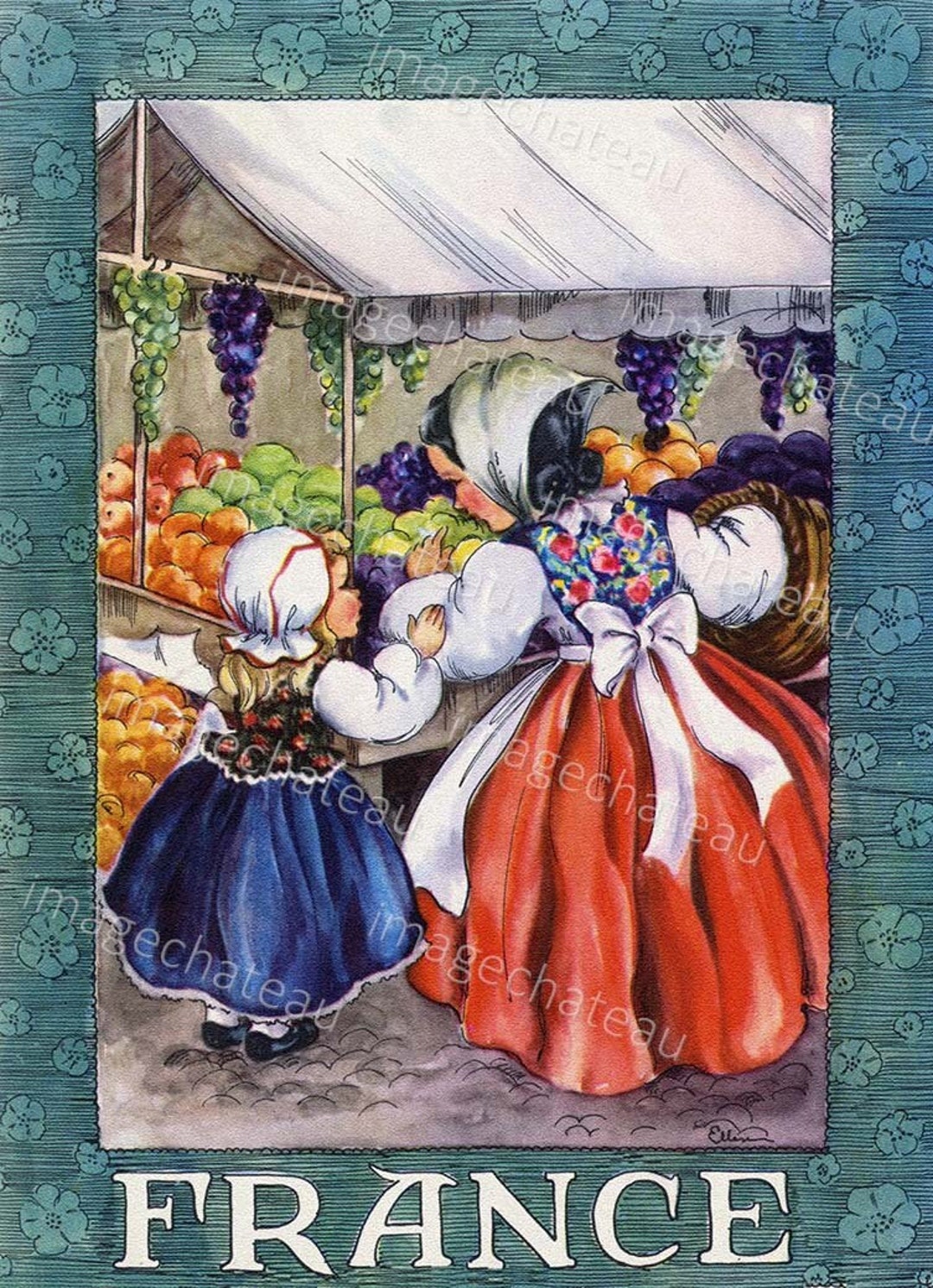 FRANCE French Mother Daughter DIGITAL DOWNLOAD Open Air Market Fruits ...