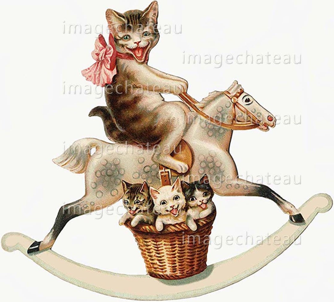 Cat ROCKING Horse Paper Toy DIGITAL DOWNLOAD Basket of Kittens Rocker ...