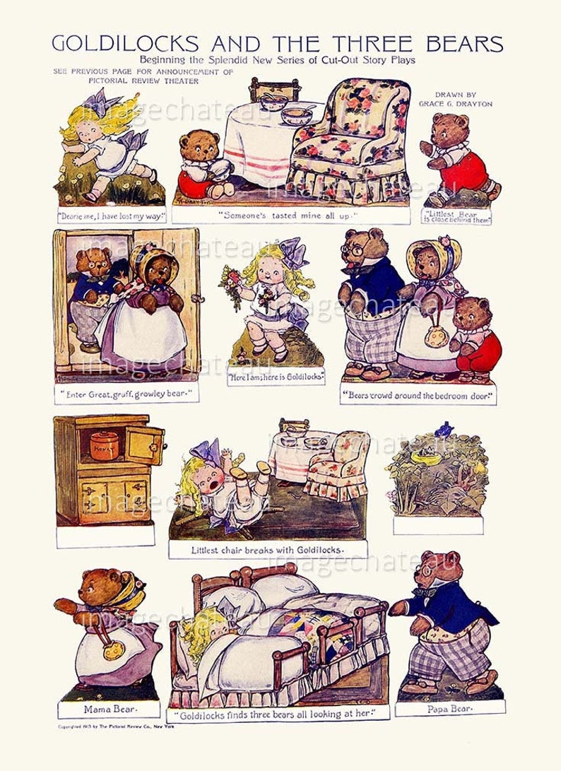 GOLDILOCKS Three BEARS Cut Outs Digital DOWNLOAD Grace Drayton Baby ...