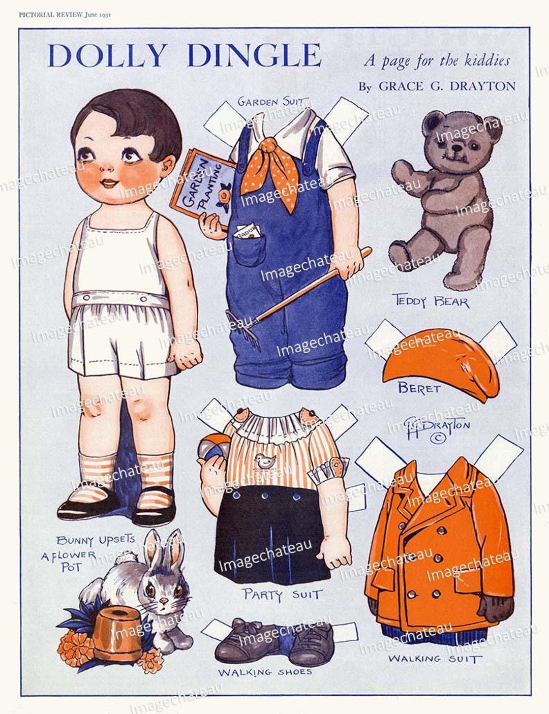 Boy Gardener DOLLY DINGLE Paper Doll Digital DOWNLOAD Teddy Bear Garden ...