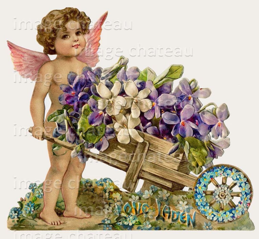CUPID Wheelbarrow of Violets VALENTINE Digital DOWNLOAD Love Laden ...