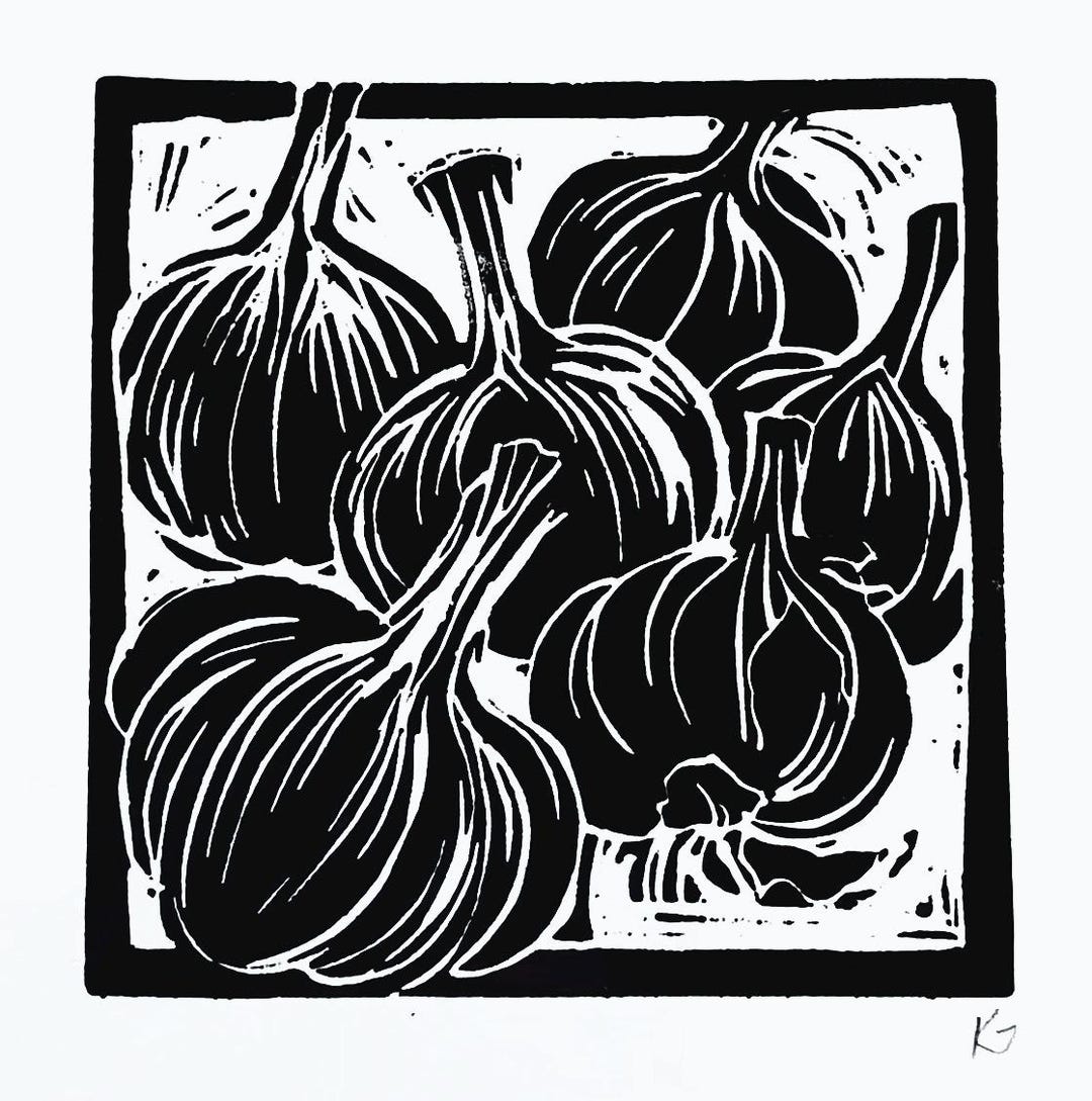 Garlic Lino Cut Print: Food Theme Art, Black and White - Etsy UK