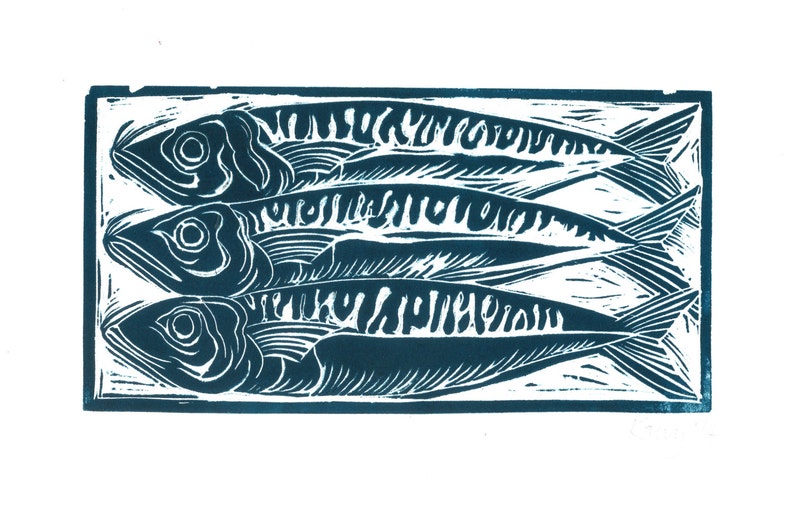 Mackeral: Food Theme Lino Cut Prints, Available in Black and White, or ...