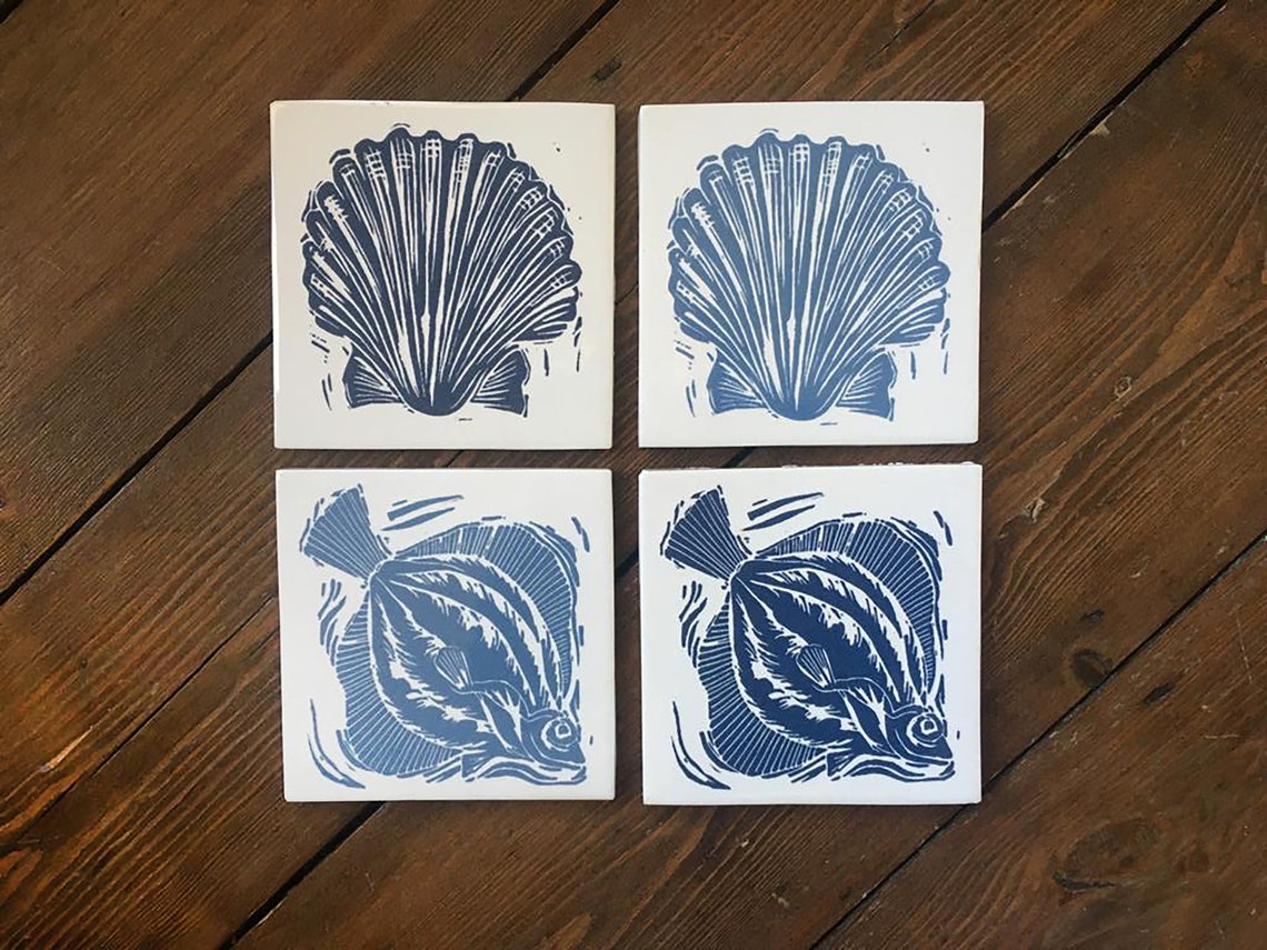 Handmade Ceramic Tiles Screen Printed With My Lino Cut Designs Plaice ...