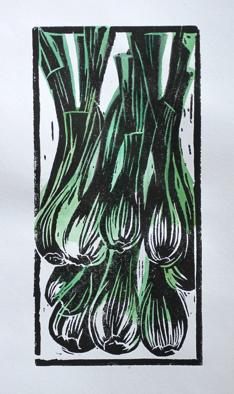 Spring Onions: Food Theme Lino Cut Prints, Available in Black and White ...