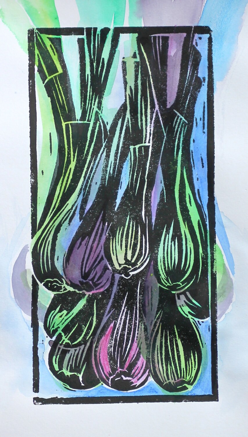 Spring Onions: Food Theme Lino Cut Prints, Available in Black and White ...