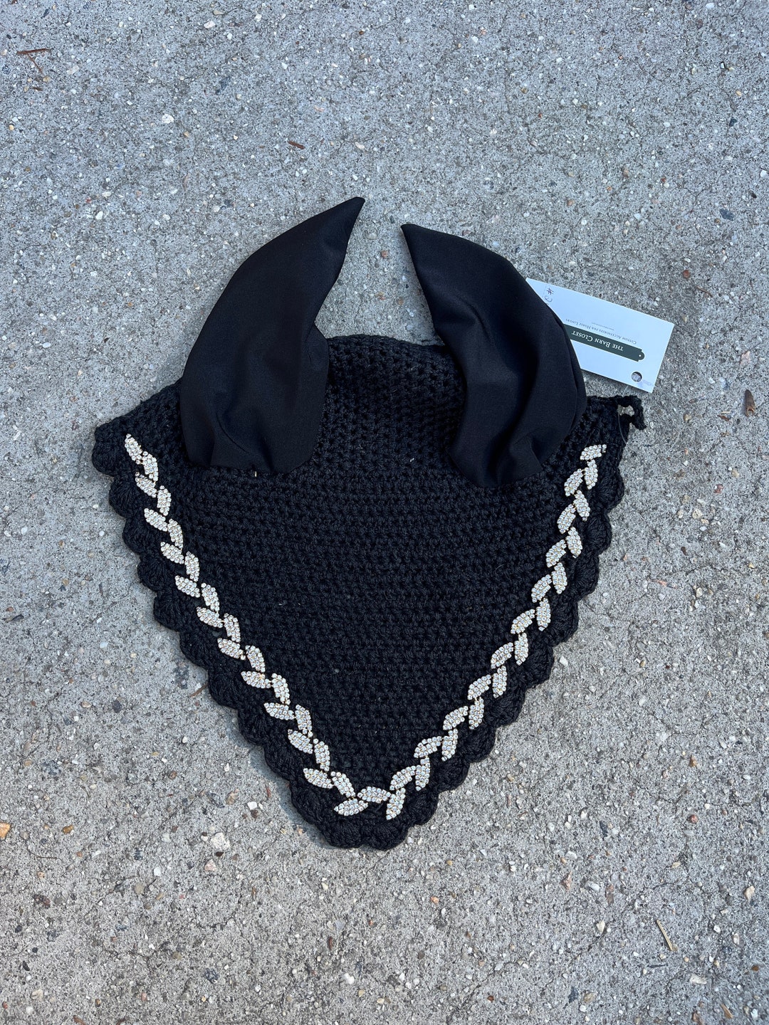 Fly Bonnet Black Rhinestones and Gold Leaf Pattern Ear Net Bonnet Mask ...