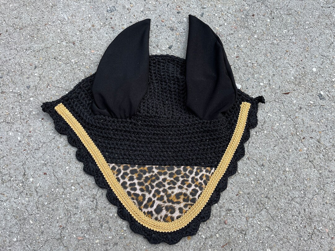 Fly Bonnet Cheetah Black With Gold Braid Trim Ear Net Bonnet Mask ...