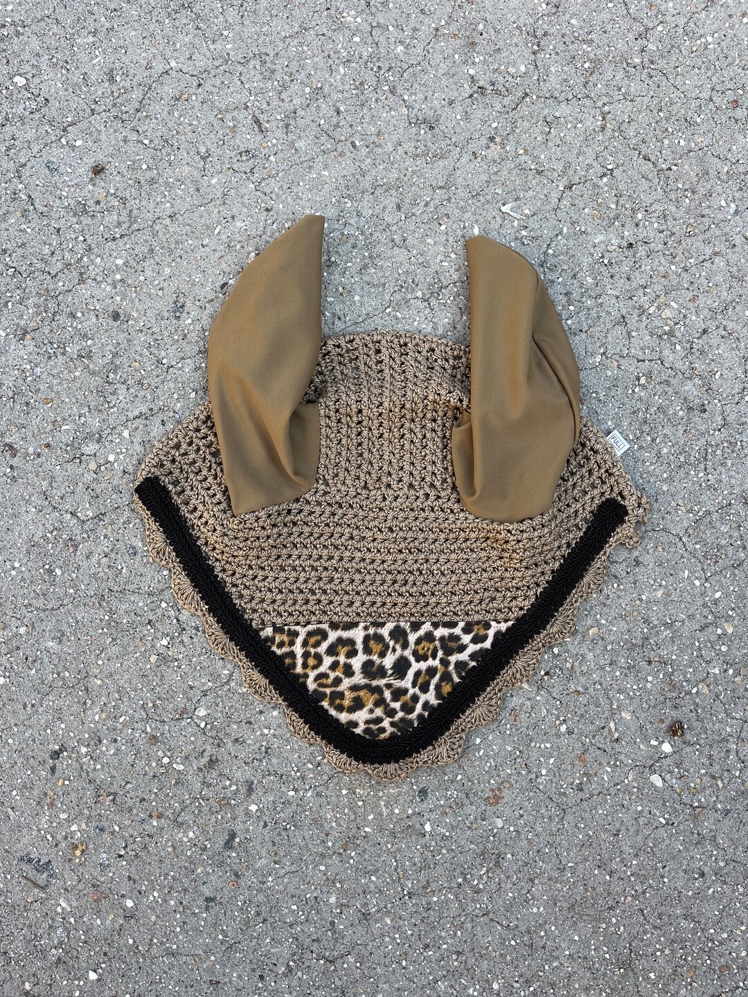 Fly Bonnet Cheetah Tan With Black Braid Trim Ear Net Bonnet Mask Cotton ...