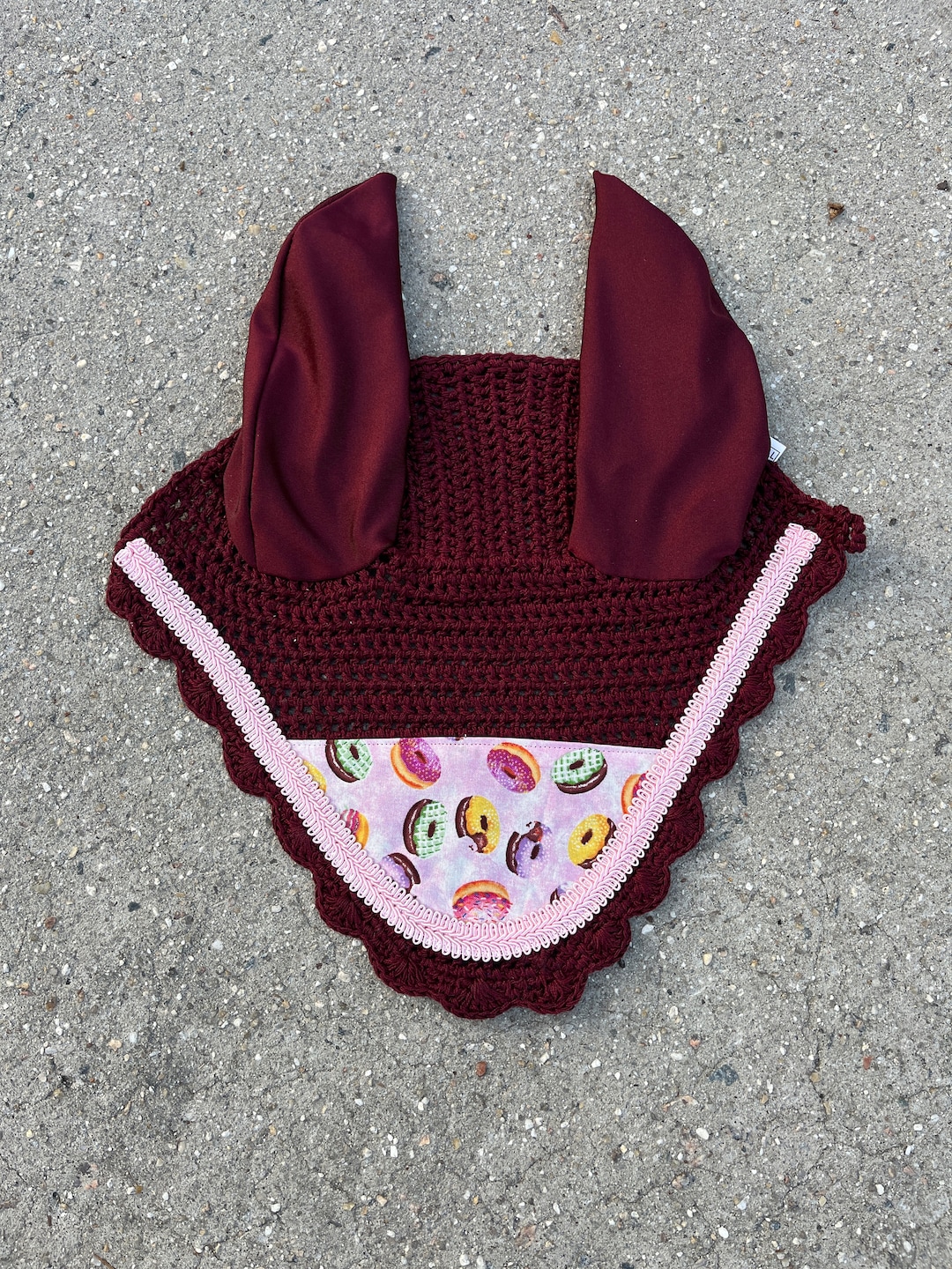 Fly Bonnet Donuts on Burgundy Veil Ear Net Bonnet Mask Cotton Crochet ...