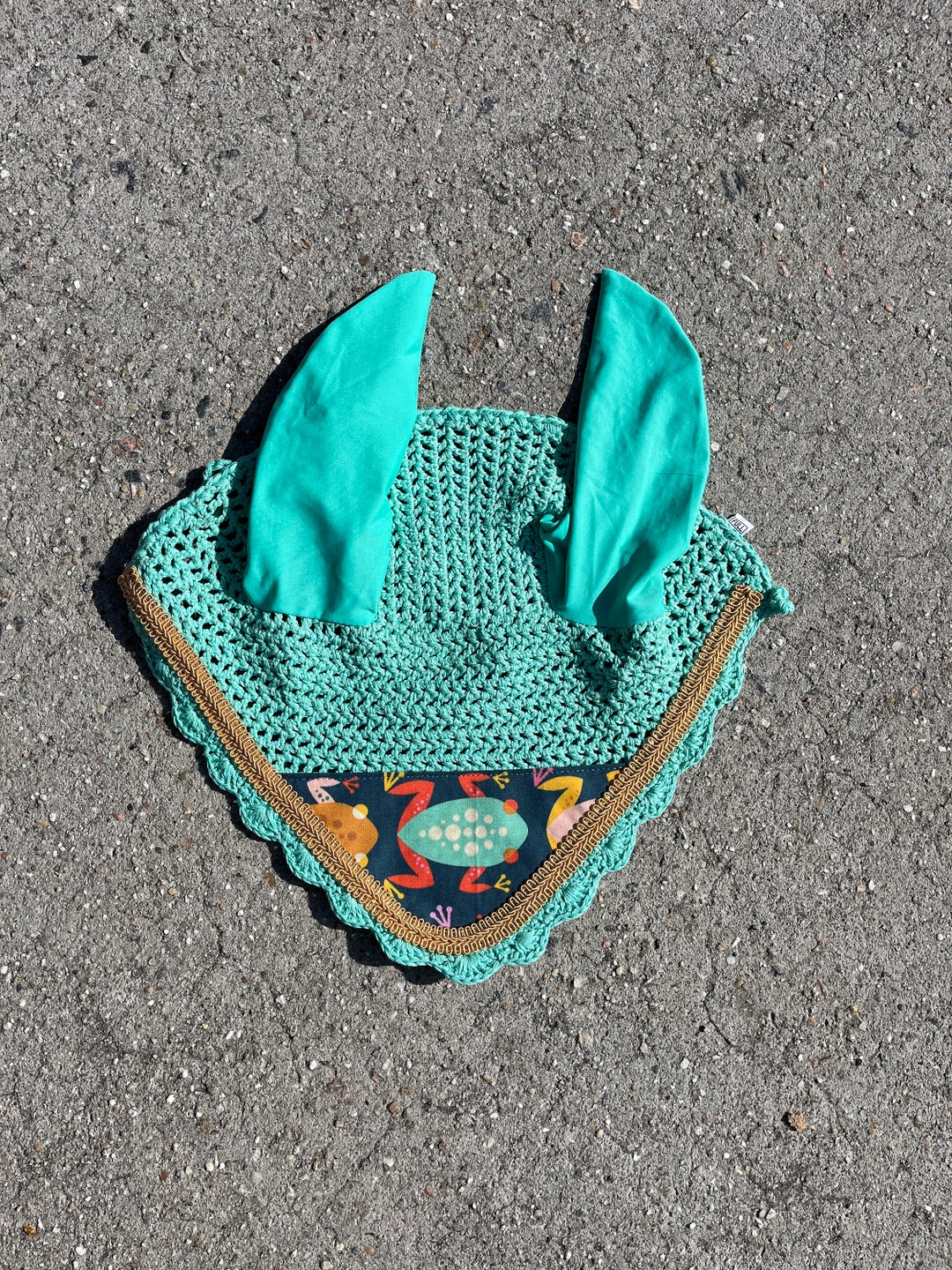 Fly Bonnet Frog on Teal Veil Ear Net Bonnet Mask Cotton Crochet Hand ...