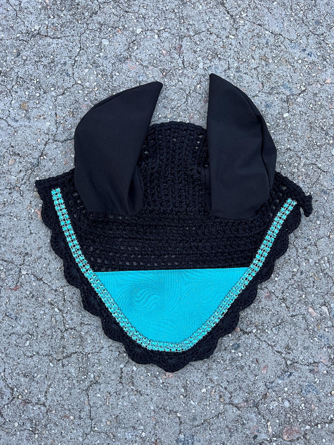 Fly Bonnet Black Glitter Teal With Teal Bling Trim Ear Net Bonnet Mask ...