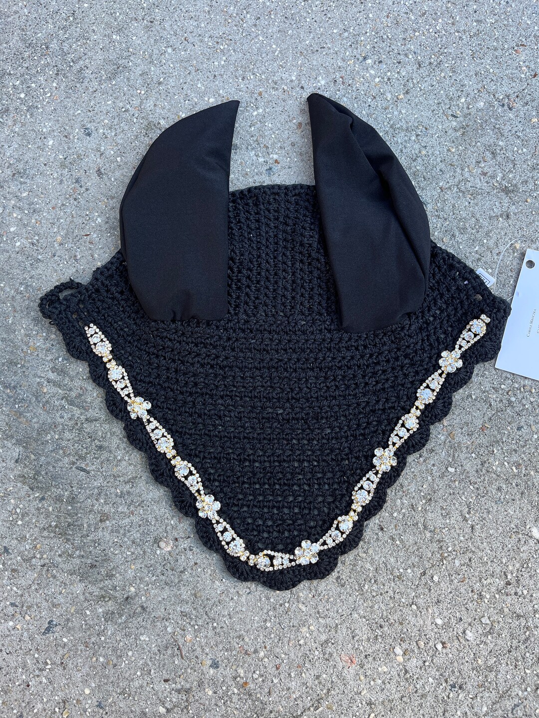 Fly Bonnet Black Rhinestones Gold Floral Teardrop Ear Net Bonnet Mask ...