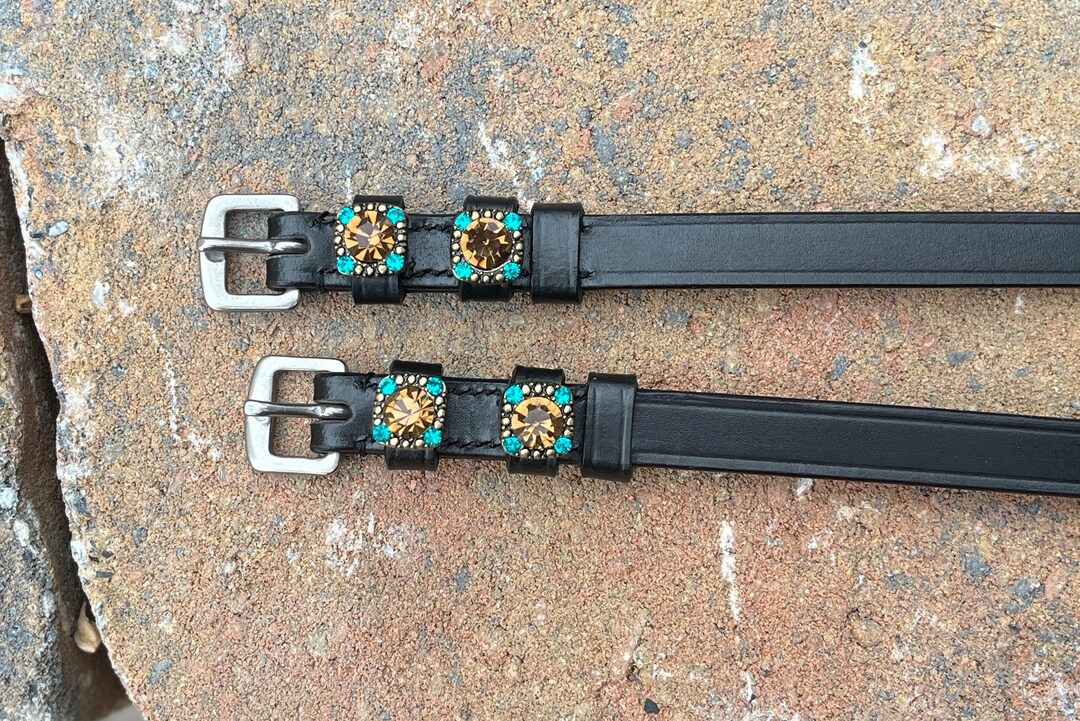 Spur Straps Topas and Blue Zircon Swarvoski Elements With Black Leather ...
