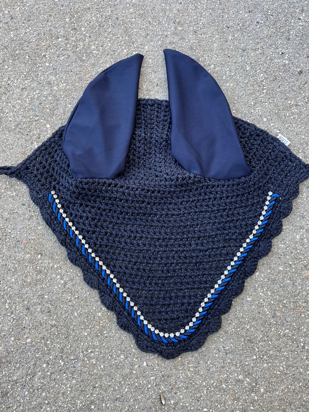 Fly Bonnet Navy With Rhinestones and Twisted Trim Ear Net Bonnet Mask ...