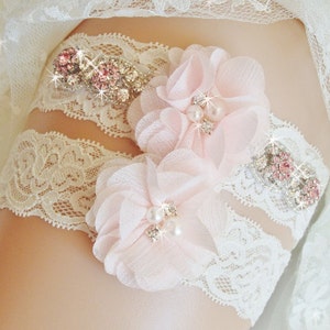 Jeweled Wedding Garter Set With Blush Flowers and Rhinestones, White or ...