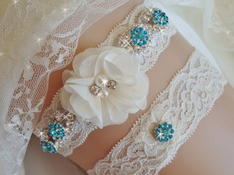 Lace Wedding Garter Set Bridal Garter Belts Aqua Wedding - Etsy