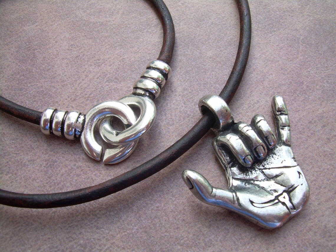Men's Leather Shaka Necklace: Hang Loose Pewter Pendant - Etsy