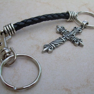 Cross Keychain, Leather Keychain, Braided Leather Cross Keychain, Fleur ...