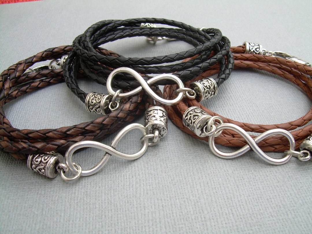 Triple Wrap Leather Infinity Bracelet: Braided Cord, Silver Tone - Etsy