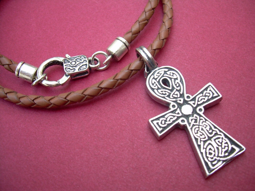 Ankh Pendant Necklace, Celtic Knot Design, 3mm Braided Leather Cord ...